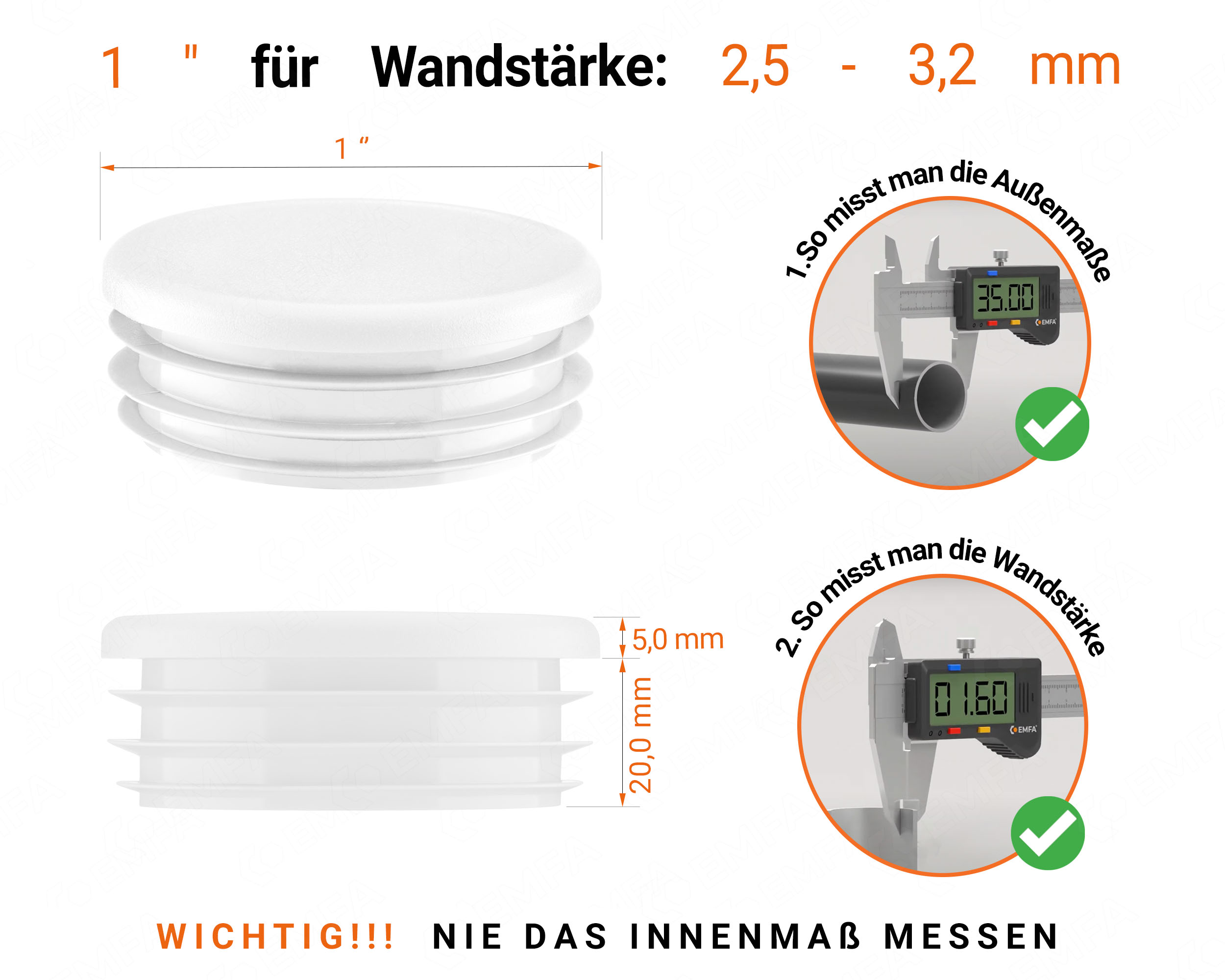 Rohrstopfen rund 1" Weiß runde Lamellenstopfen Kunststoff Abdeckkappe kreisförmig Endkappe für ...